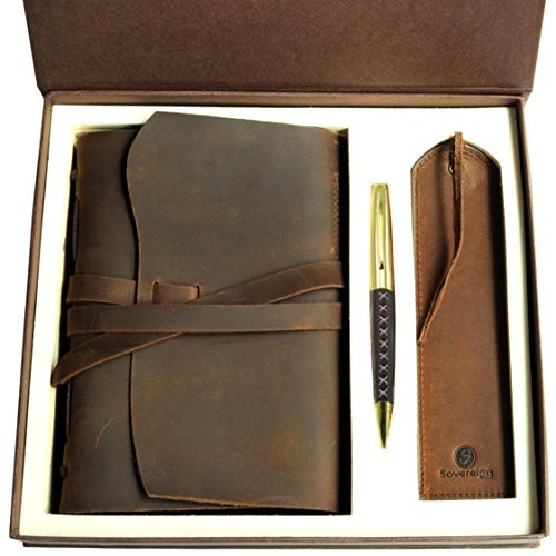 Leather Journal Gift Set with Antique Leather Bookmark + Pen, Handmade ...